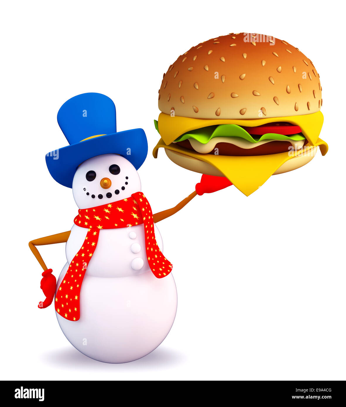 Illustration of snowman character with burger Stock Photo - Alamy