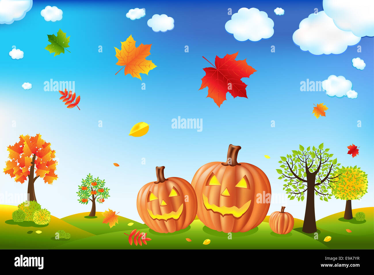 Cartoon Landscape With Pumpkins Stock Photo - Alamy