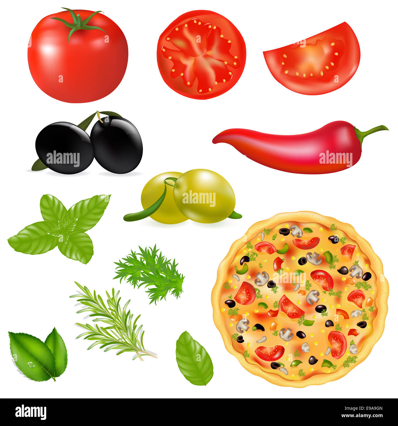 Set Of Products With Pizza Stock Photo - Alamy