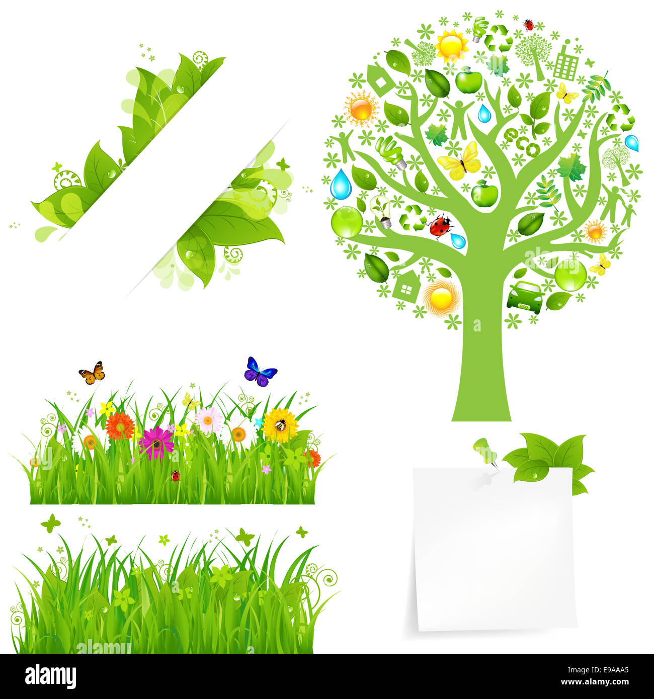Green Grass With Flowers And Tree Stock Photo - Alamy