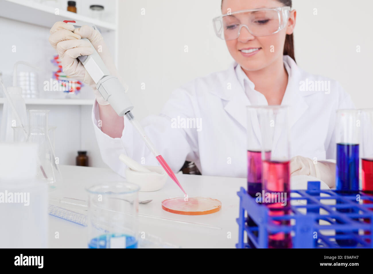 Pretty red-haired scientist using a pipette Stock Photo - Alamy