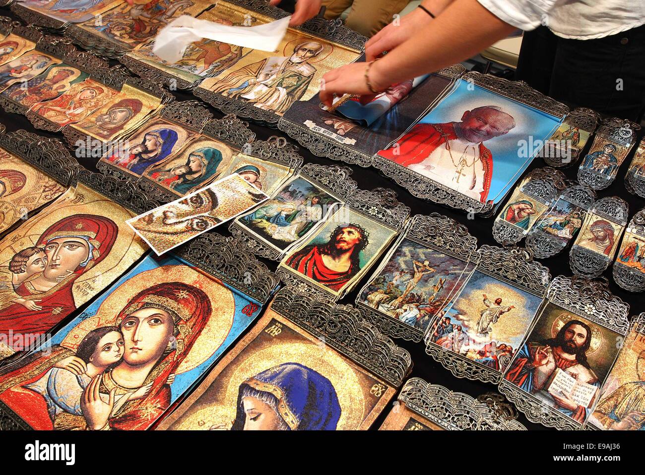 Augsburg, Germany. 23rd Oct, 2014. Woven religious icons are on display ...