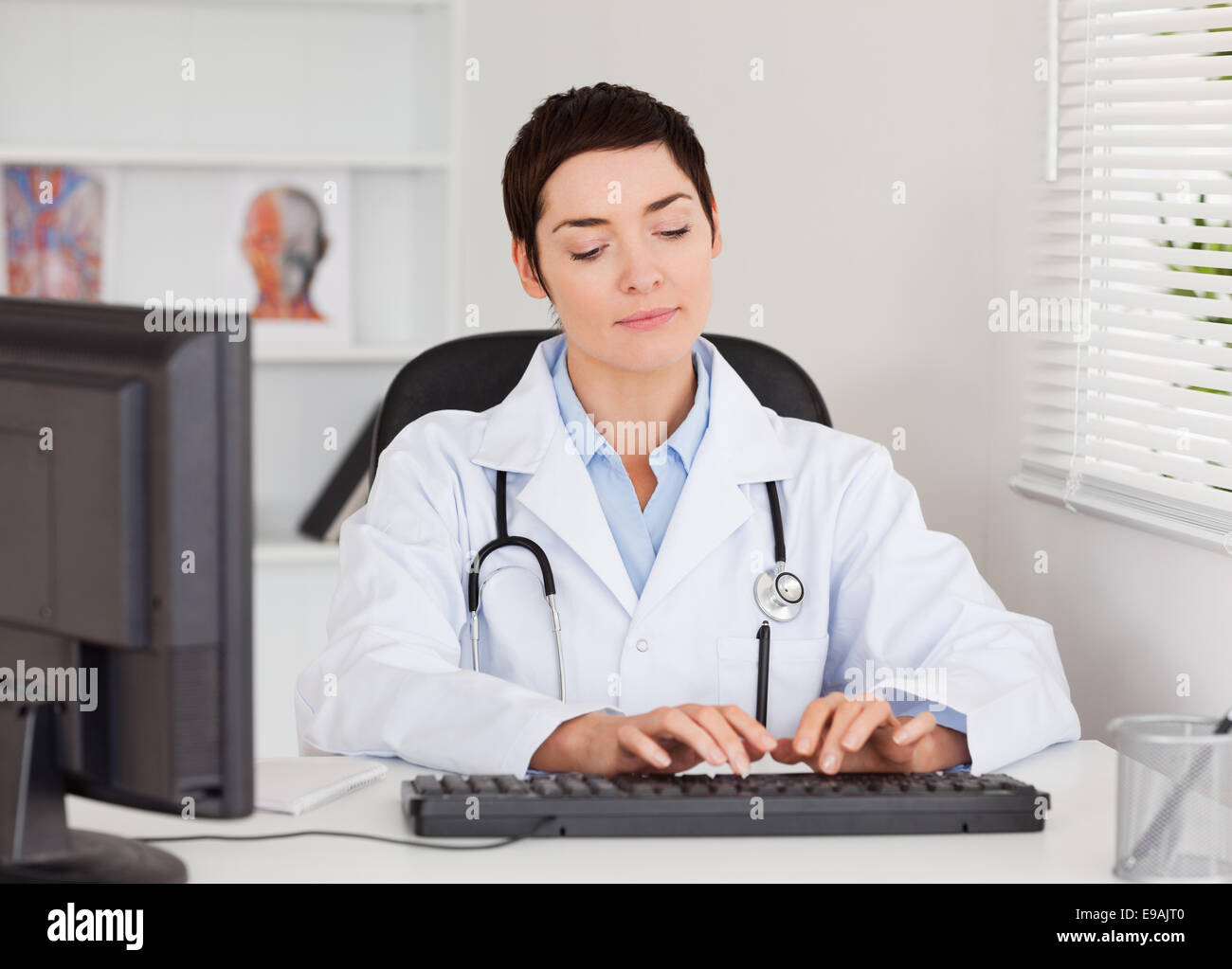 Doctor typing with her computer Stock Photo - Alamy