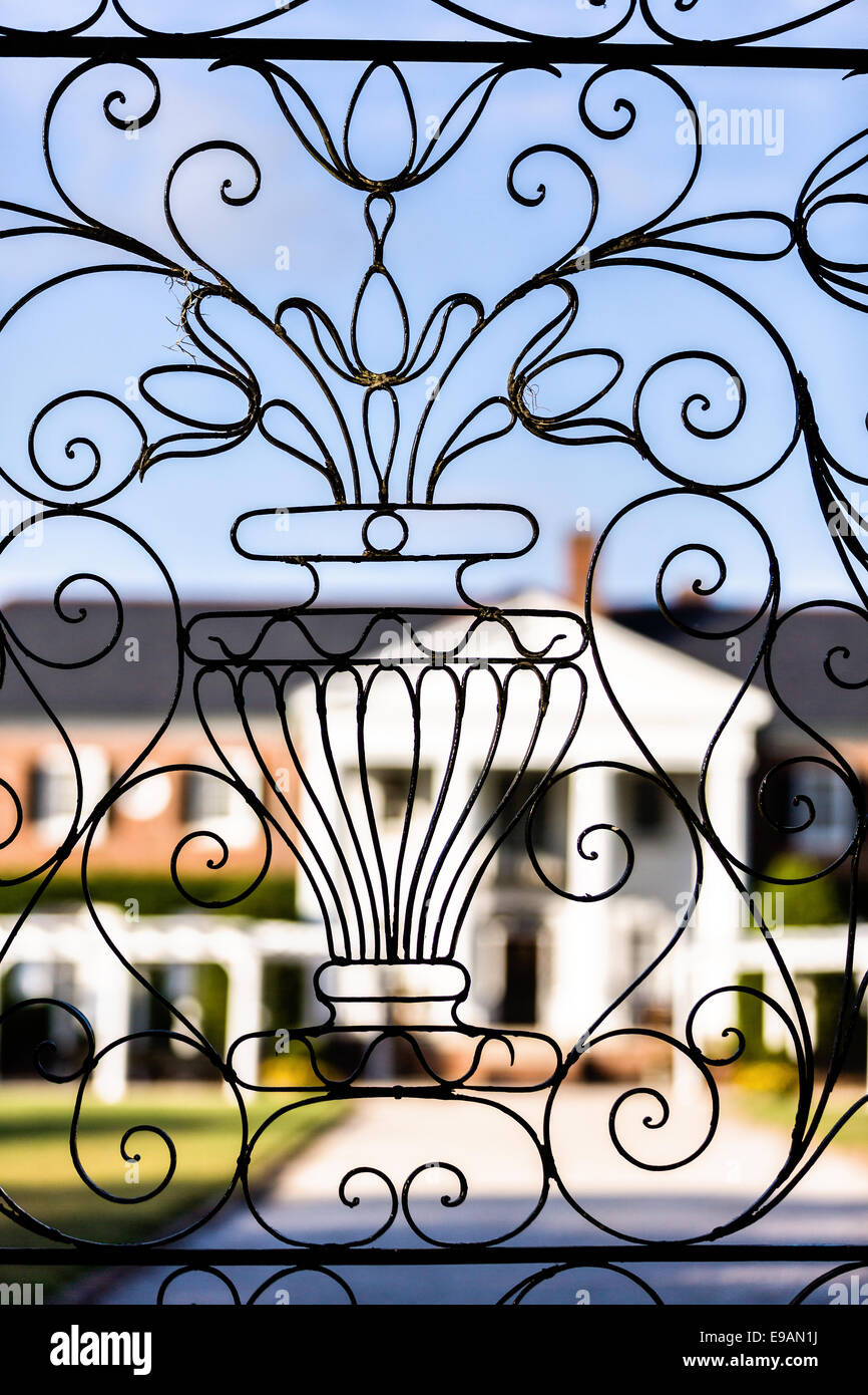 Wrought iron decorative gates at the Colonial Revival plantation house ...