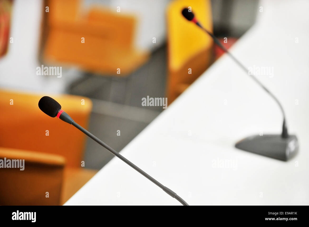 Detail with two press conference microphones Stock Photo - Alamy