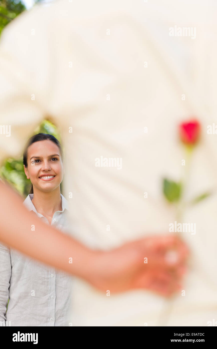 Happy man offering a rose to his girlfriend Stock Photo - Alamy