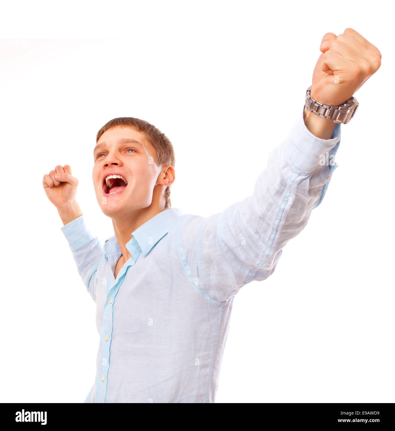 Portrait of young man celebrating success isolated on white Stock Photo ...