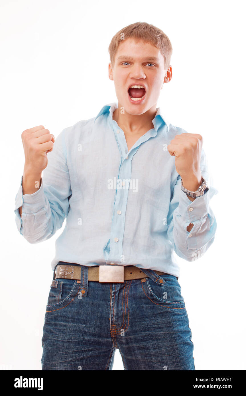 Portrait of young man celebrating success isolated on white Stock Photo ...