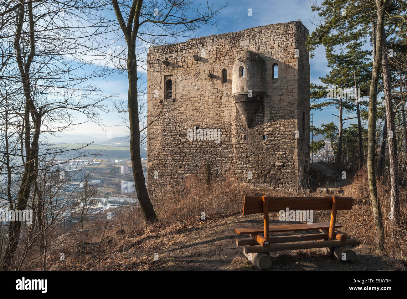 Ruins of the Lobdeburg, wooden bench on the trail, behind Jena-Lobeda ...