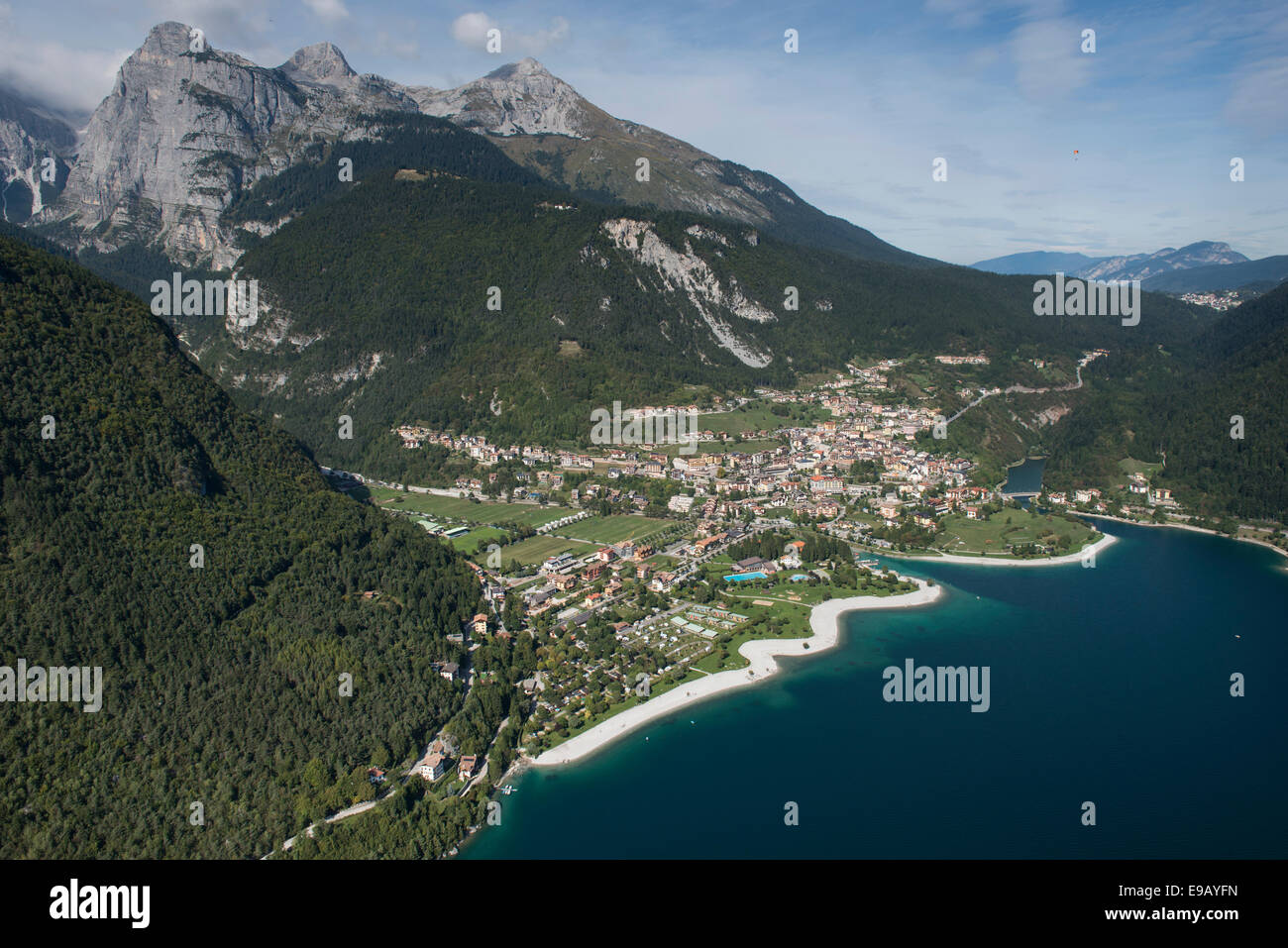 Aerial view, Lake Molveno mountain lake, Molveno, Trentino, Italy Stock ...