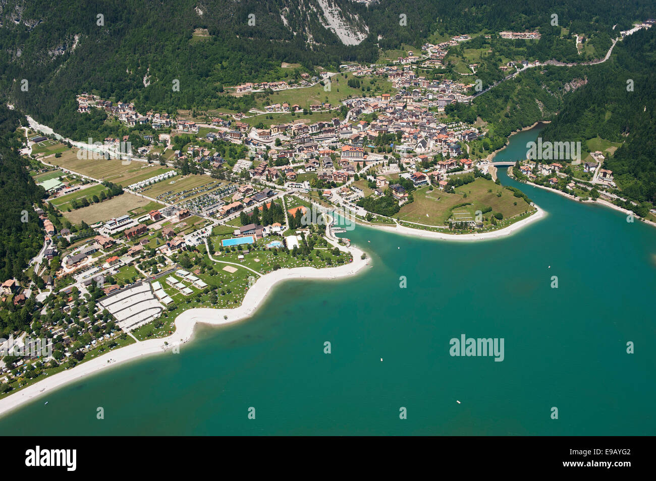 Aerial view, Lake Molveno mountain lake, Molveno, Trentino, Italy Stock ...