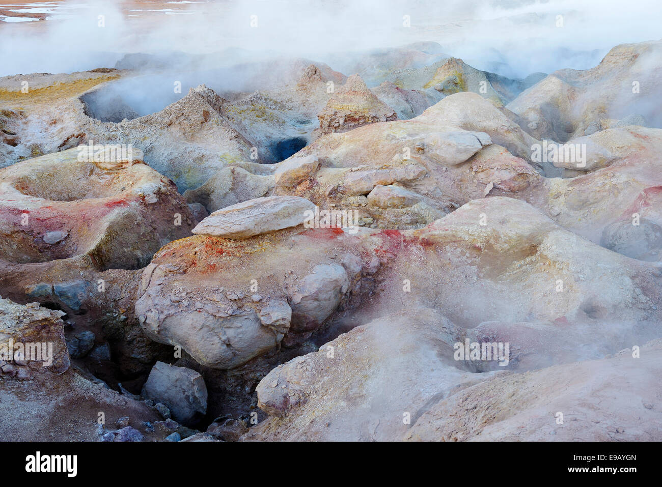 Geyser field, used geothermally, dried up, fumarole, Sol de Mañana ...