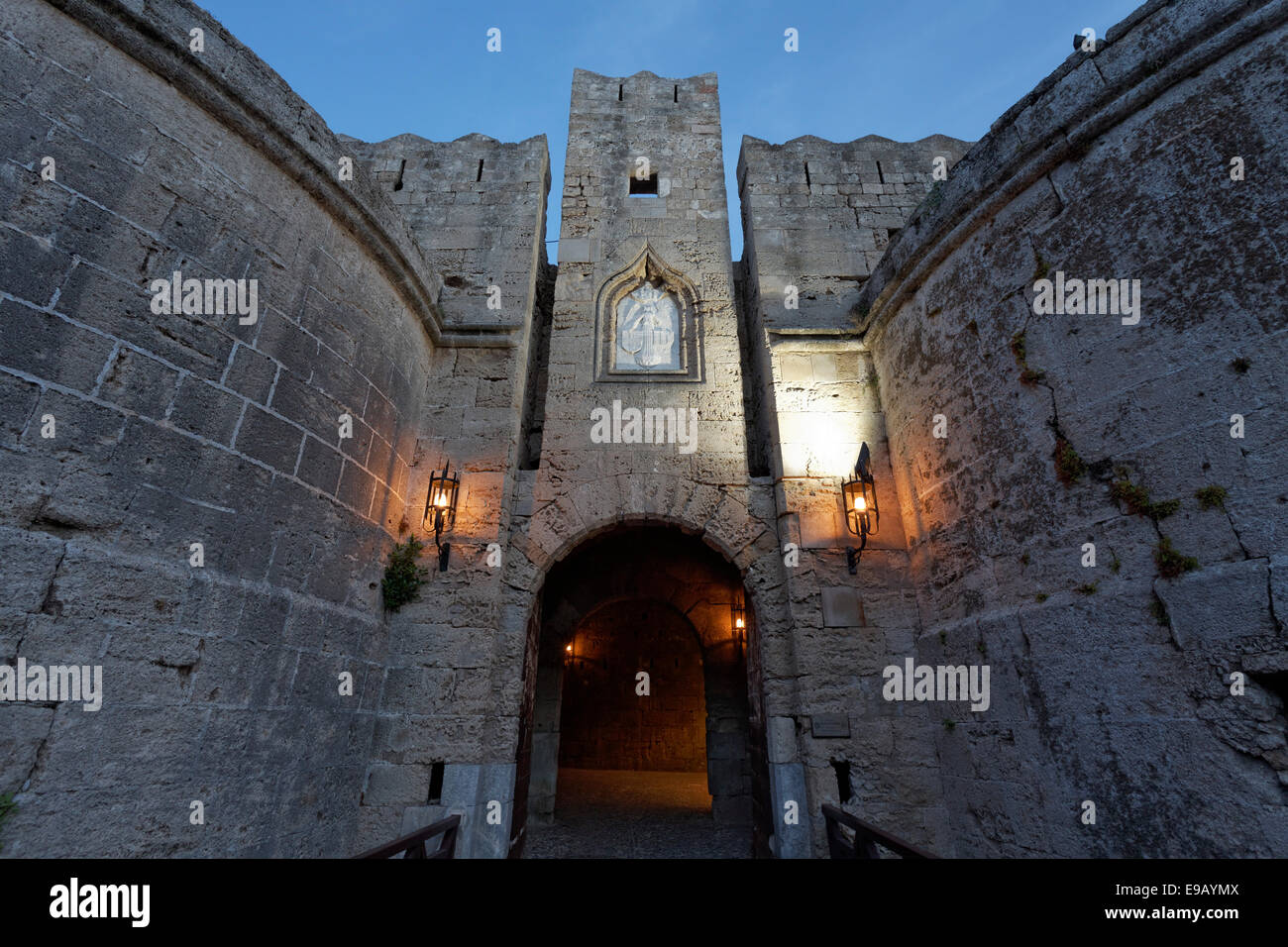 Amboise Gate, medieval bastion, blue hour, historic town centre, Rhodes ...