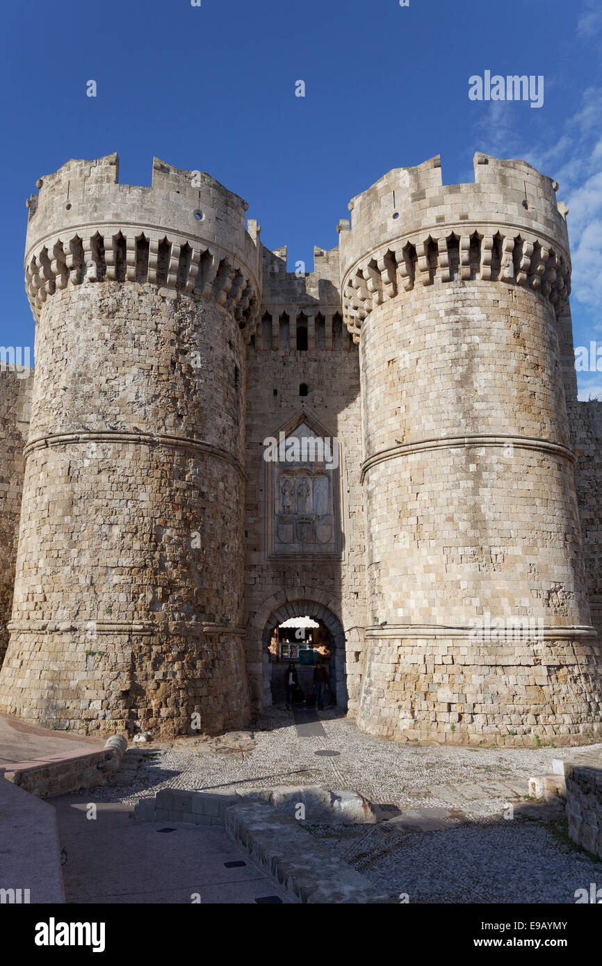 Two broad round towers, medieval city walls, Marine Gate, historic town ...