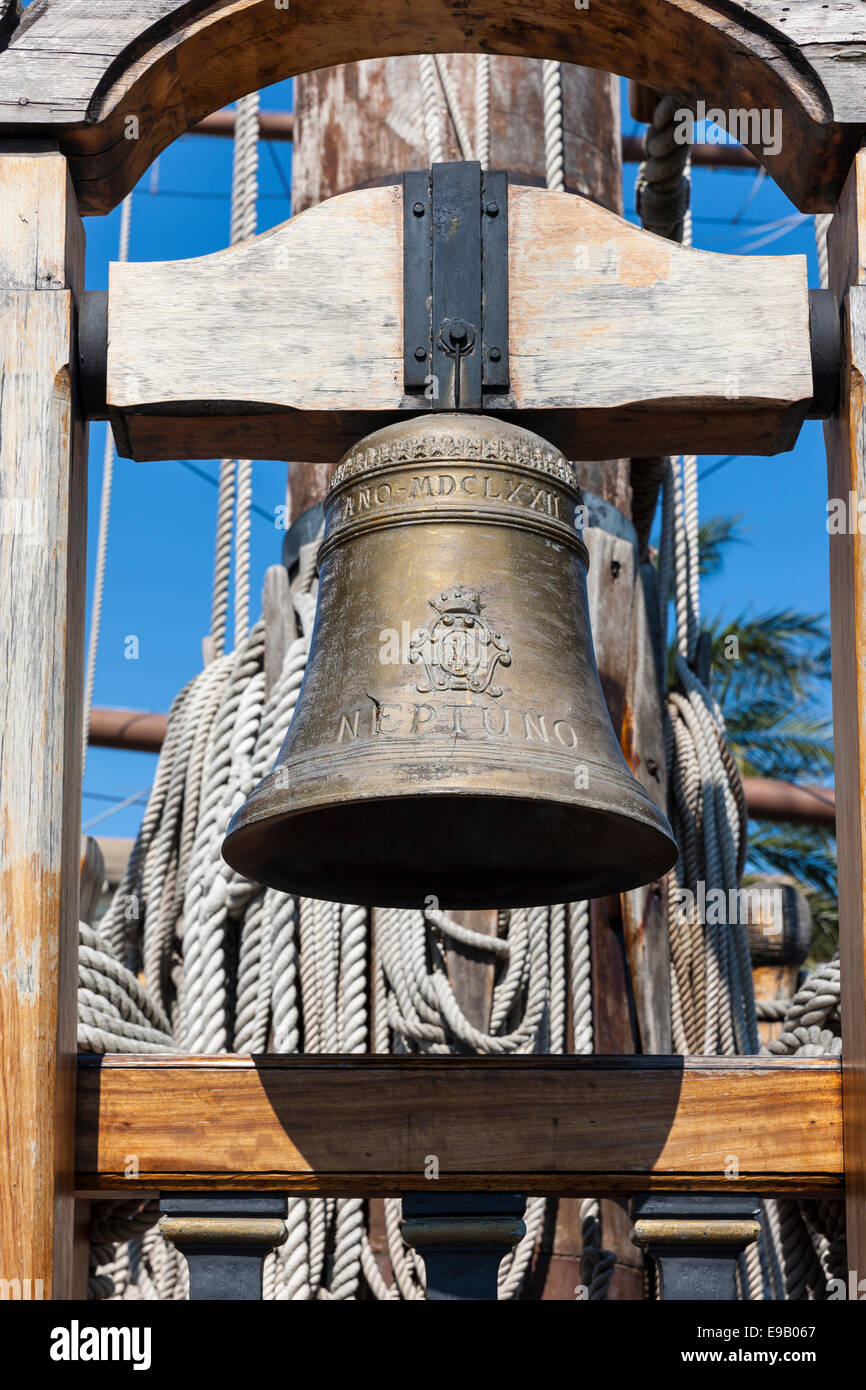 Ship's bell on an old galleon, replica built for the film "Pirates" by ...