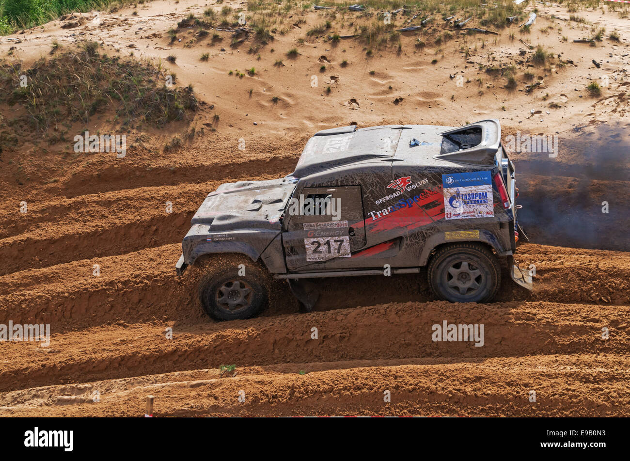 Races on a rally-raid on sandy dunes. Racing car number 217 Stock Photo ...