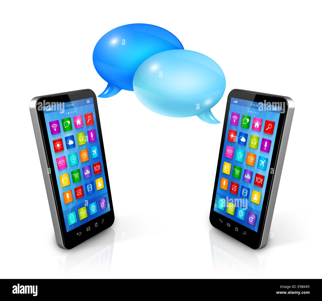 3D Speech bubbles and mobile phones. Communication and technology Stock ...