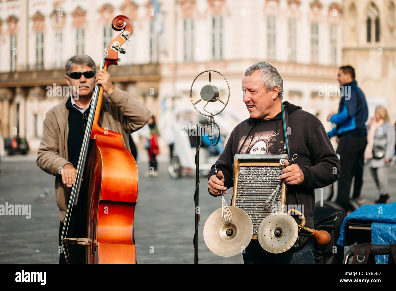 Street Busker performing jazz songs at the Old Town Square in Prague ...