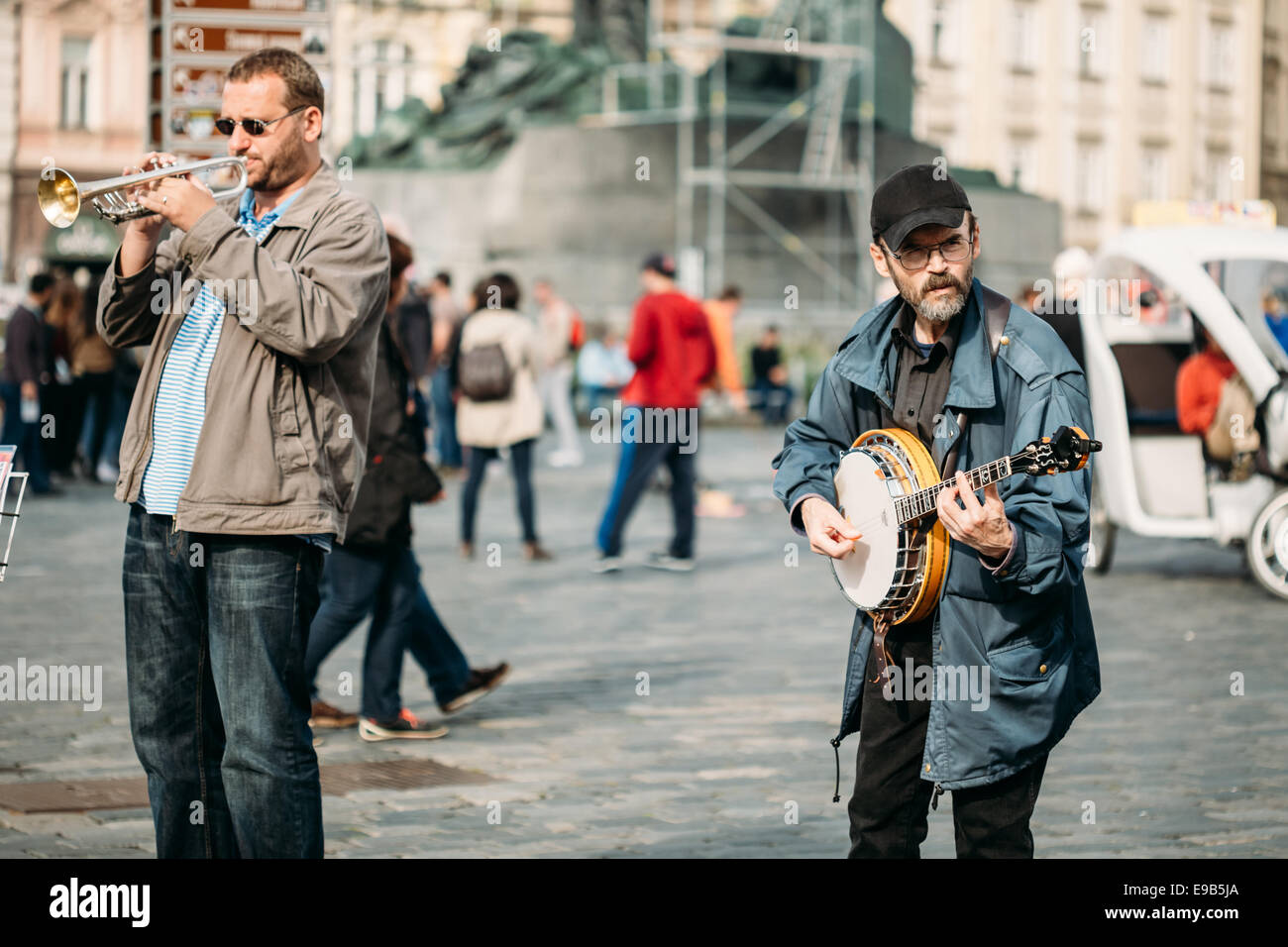 Street Busker performing jazz songs at the Old Town Square in Prague ...