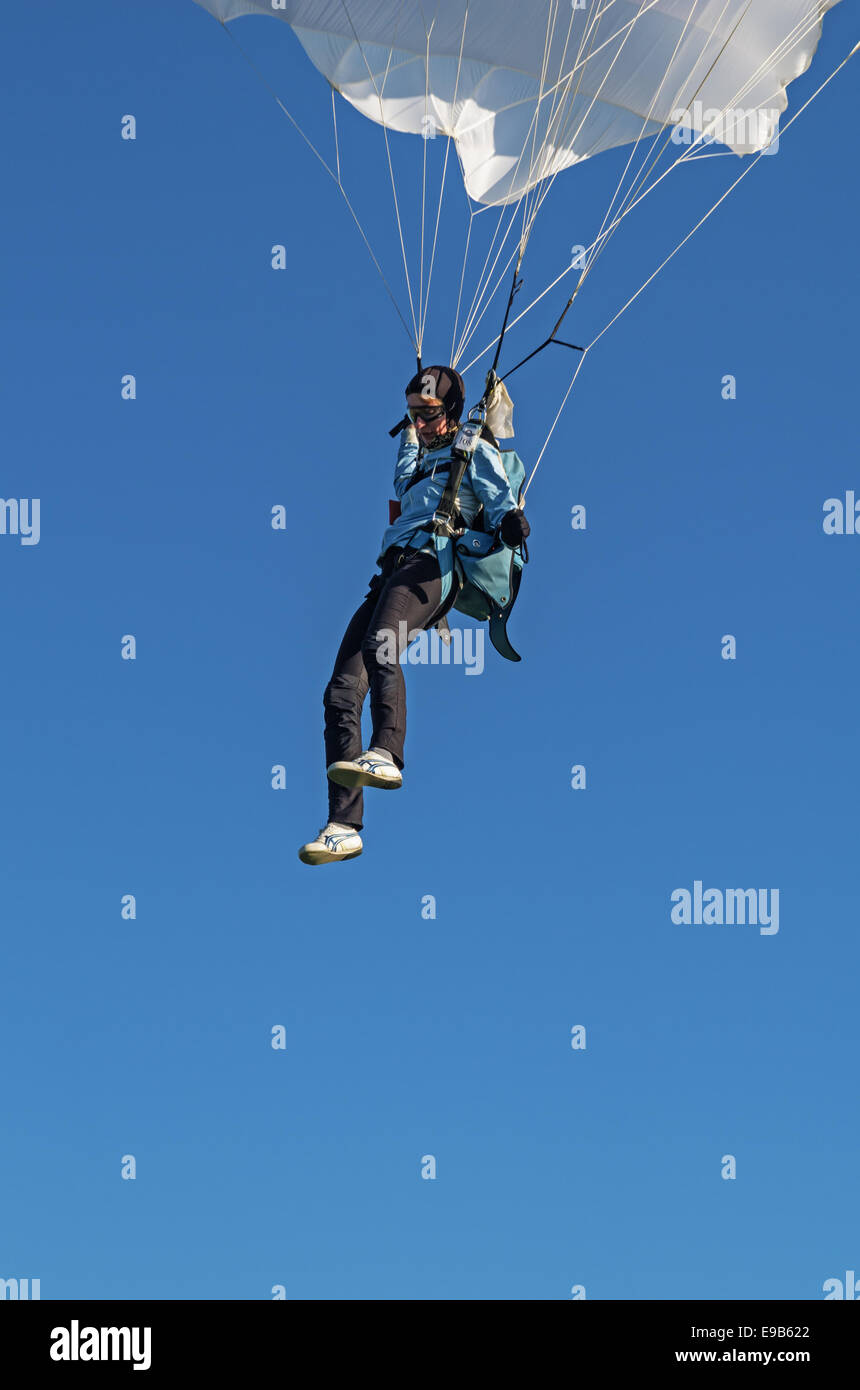 Parachutists - 2014. The girl skydiver landing under white parachute ...