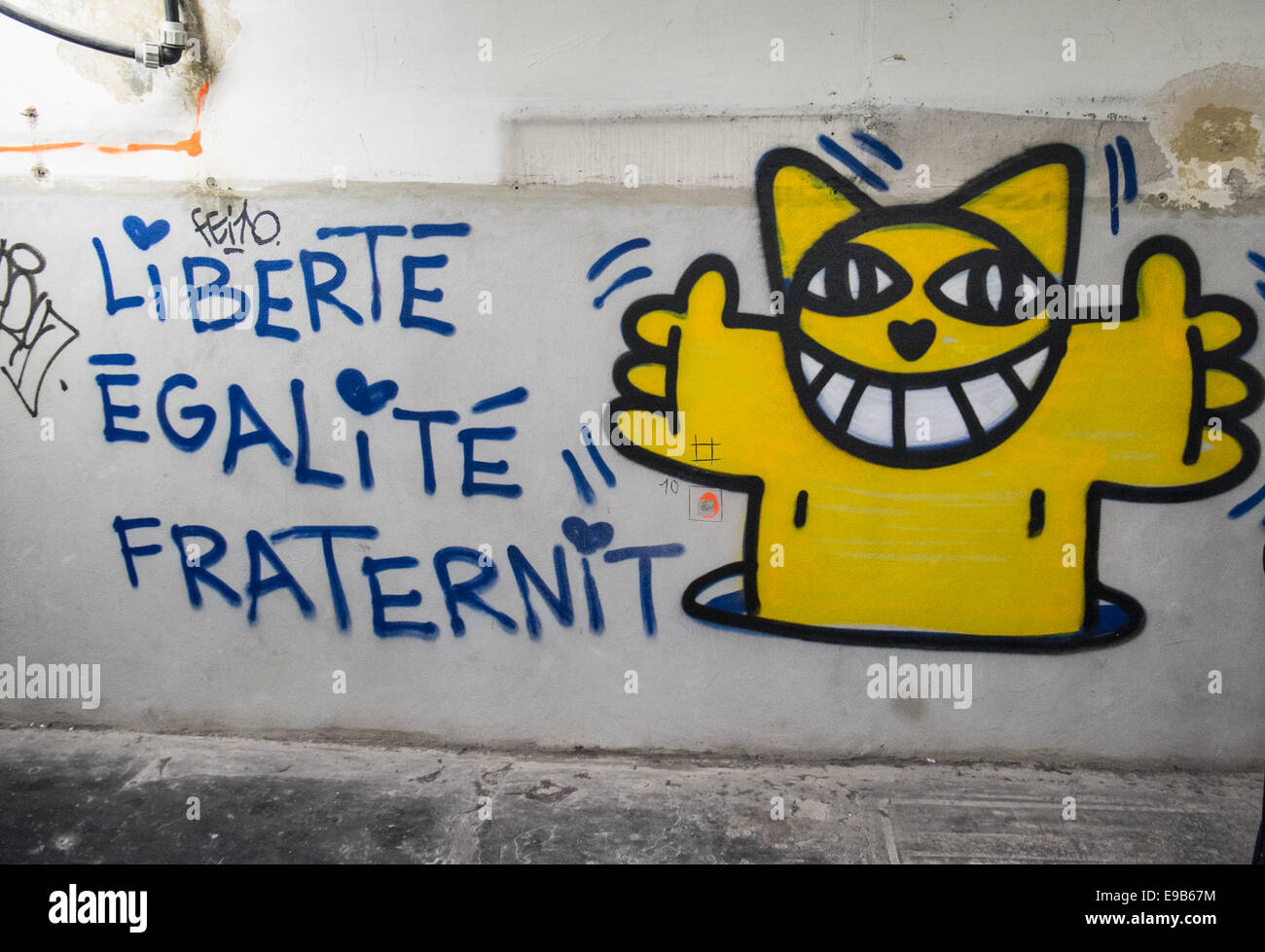 Graffiti, cartoon, illustration, on metro system station, passing info ...