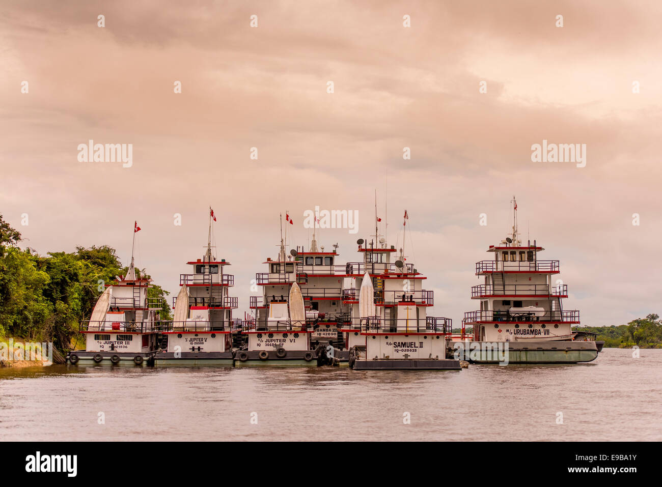 Fleet of boats on the Amazon - tug boats for pushing gas and oil barges ...