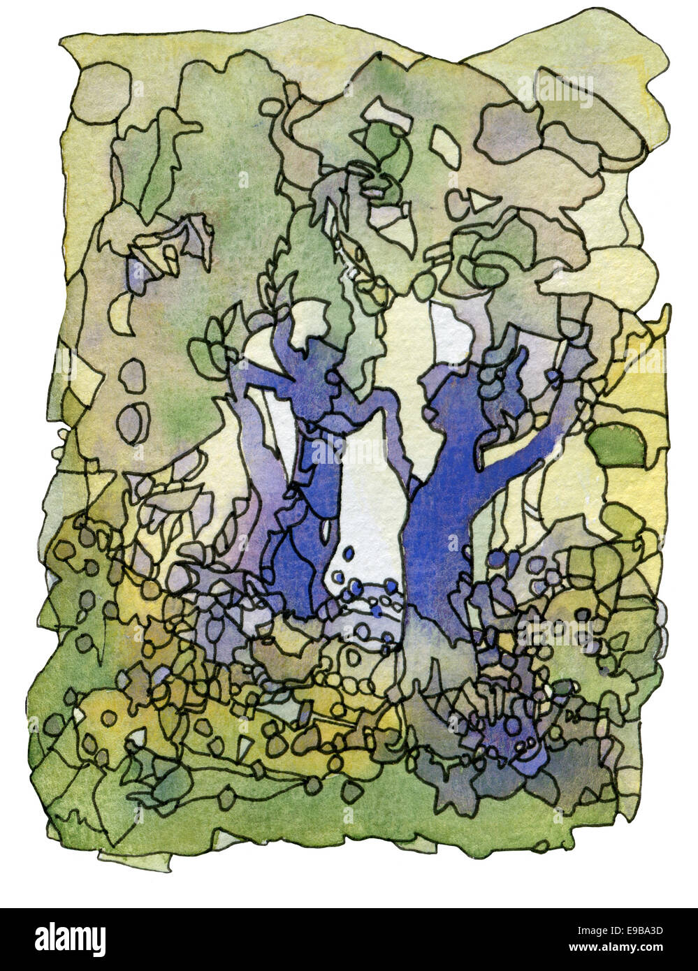 Art Nouveau landscape Two Trees. Abstract original watercolor ...