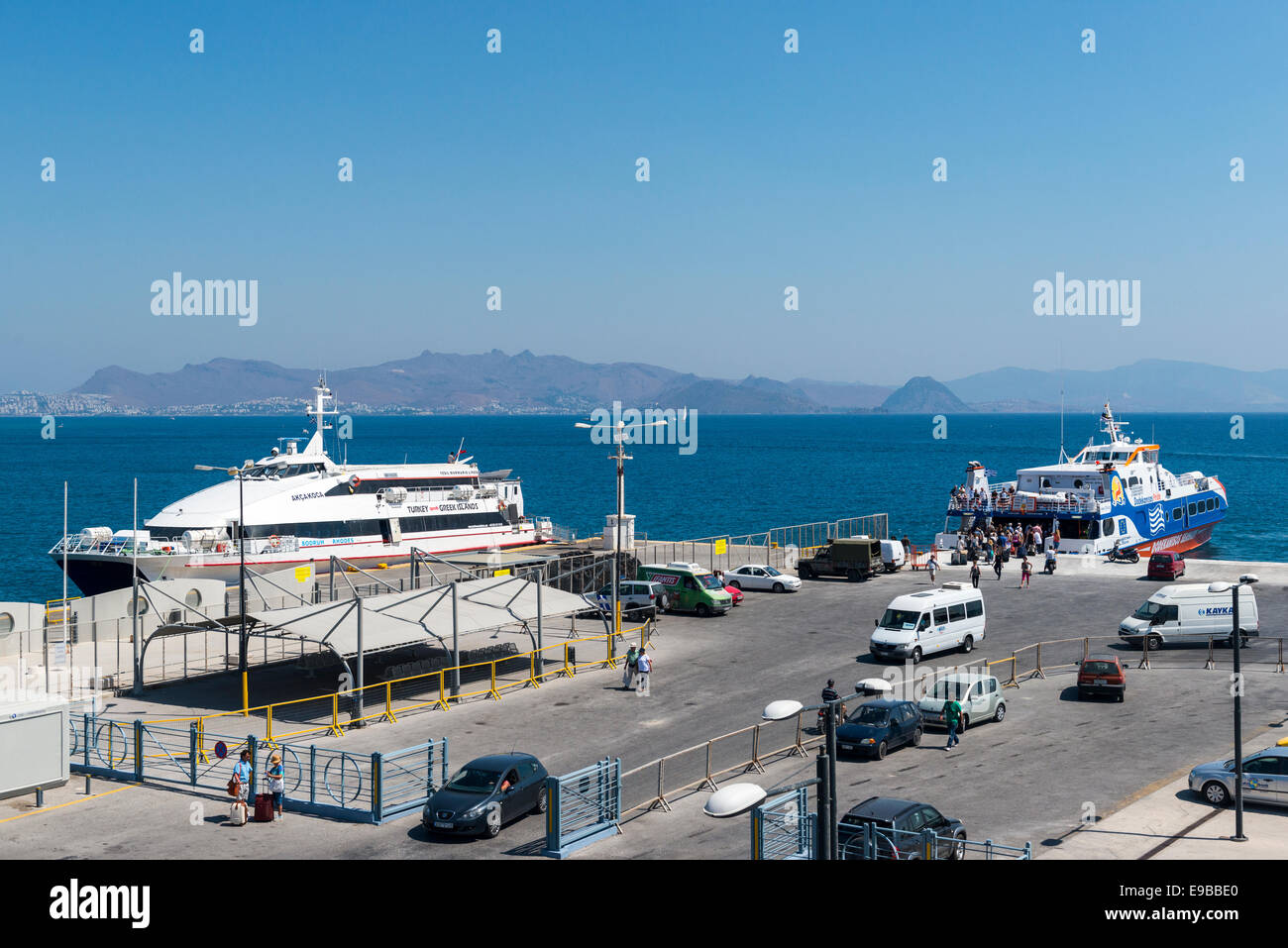Ferries at the quay in the harbor of Kos, island of Kos, Greece Stock ...