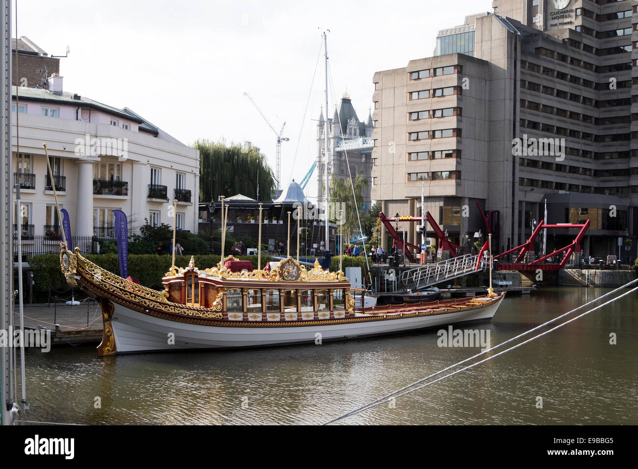British royal barge Gloriana moored at St Katherine’s Dock, London, UK ...