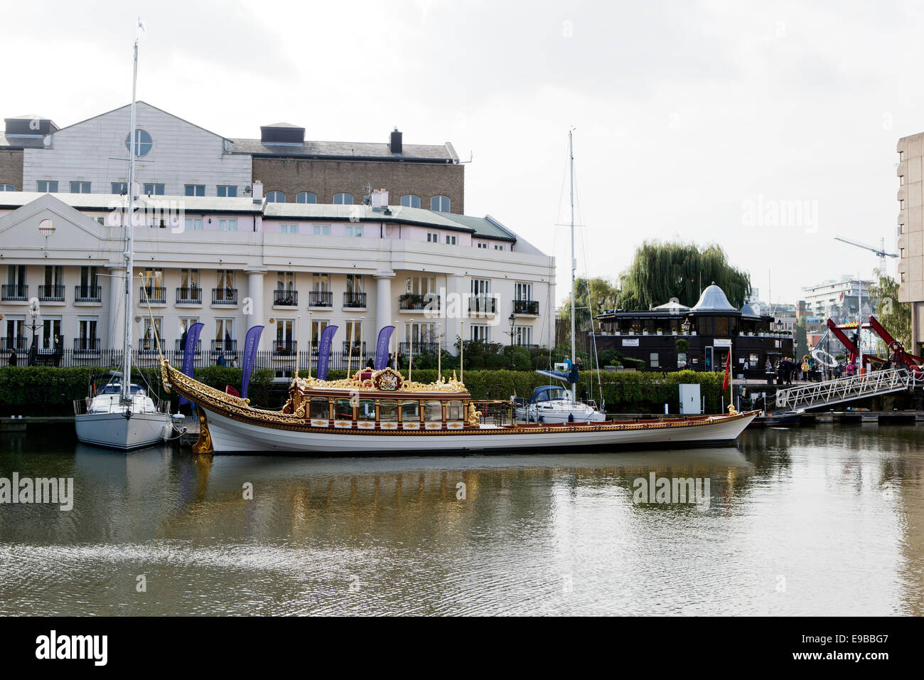 British royal barge Gloriana moored at St Katherine’s Dock, London, UK ...