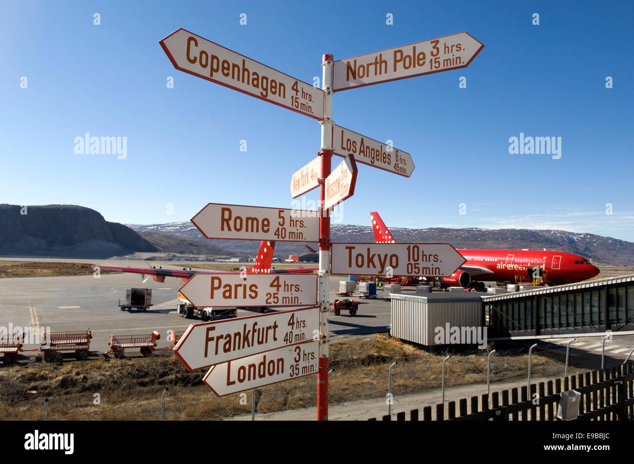 Distance signs at Kangerlussuaq Airport in Greenland Stock Photo - Alamy