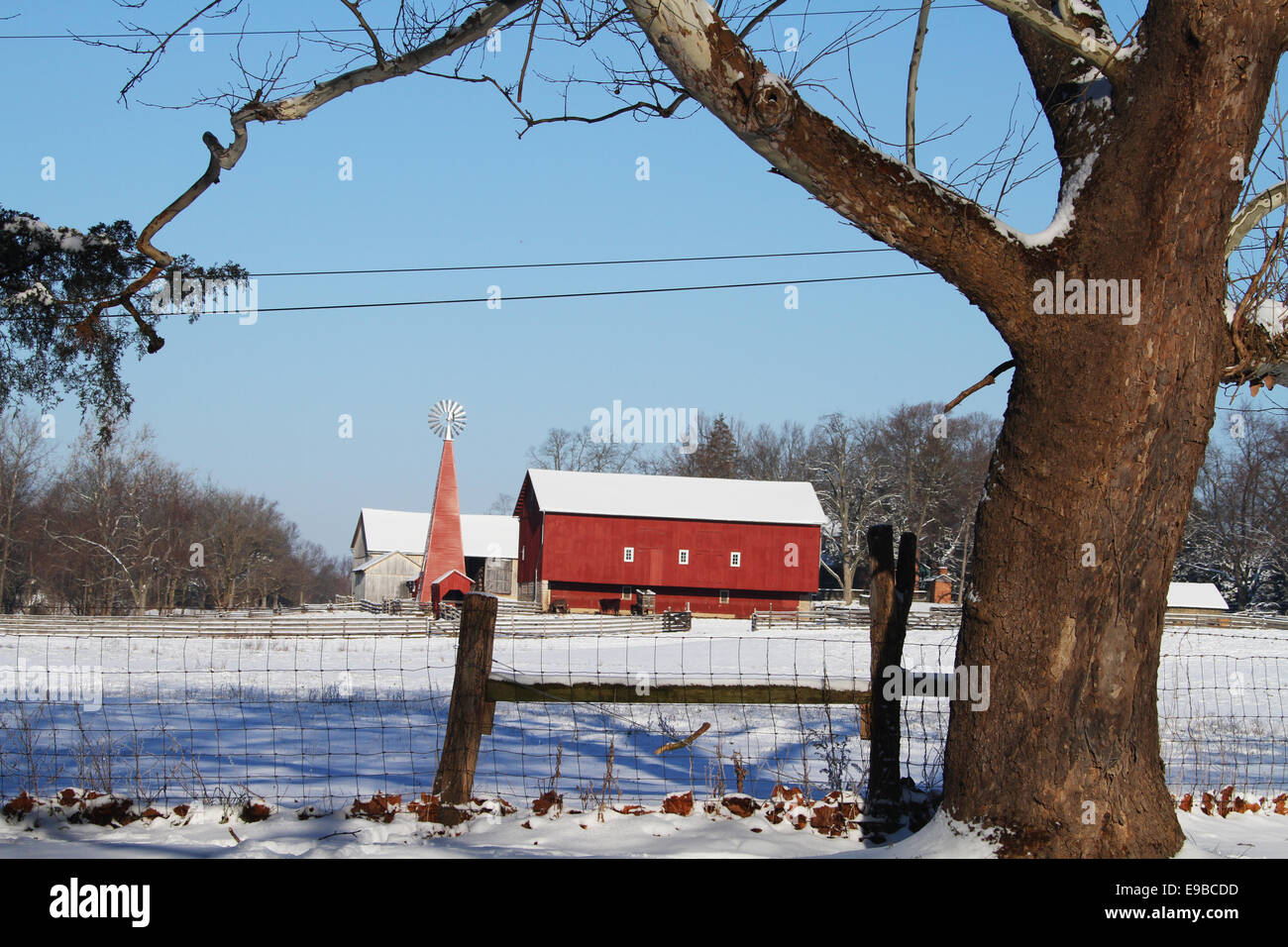Red Barn In Winter Snow. Historic Barn. Old red barn at Carriage Hill ...