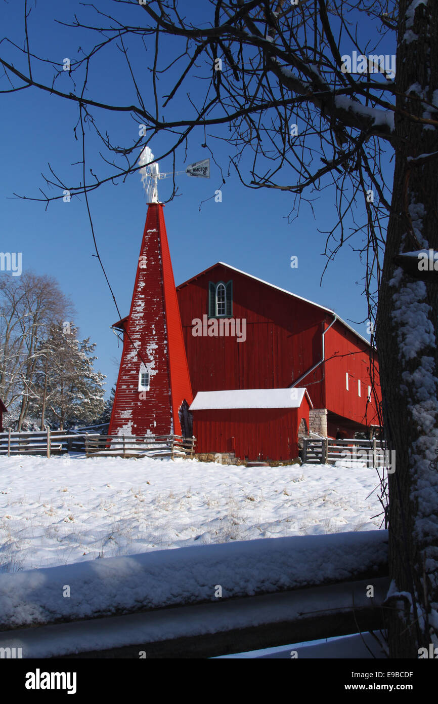Red Barn In Winter Snow. Historic Barn. Old red barn at Carriage Hill ...