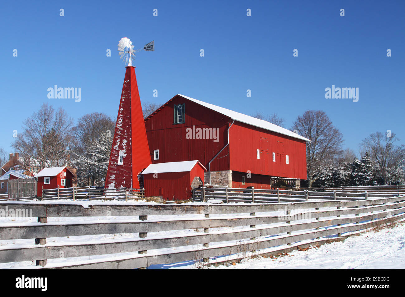 Red Barn In Winter Snow. Historic Barn. Old red barn at Carriage Hill ...