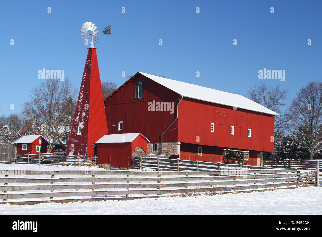 Red Barn In Winter Snow. Historic Barn. Old red barn at Carriage Hill ...