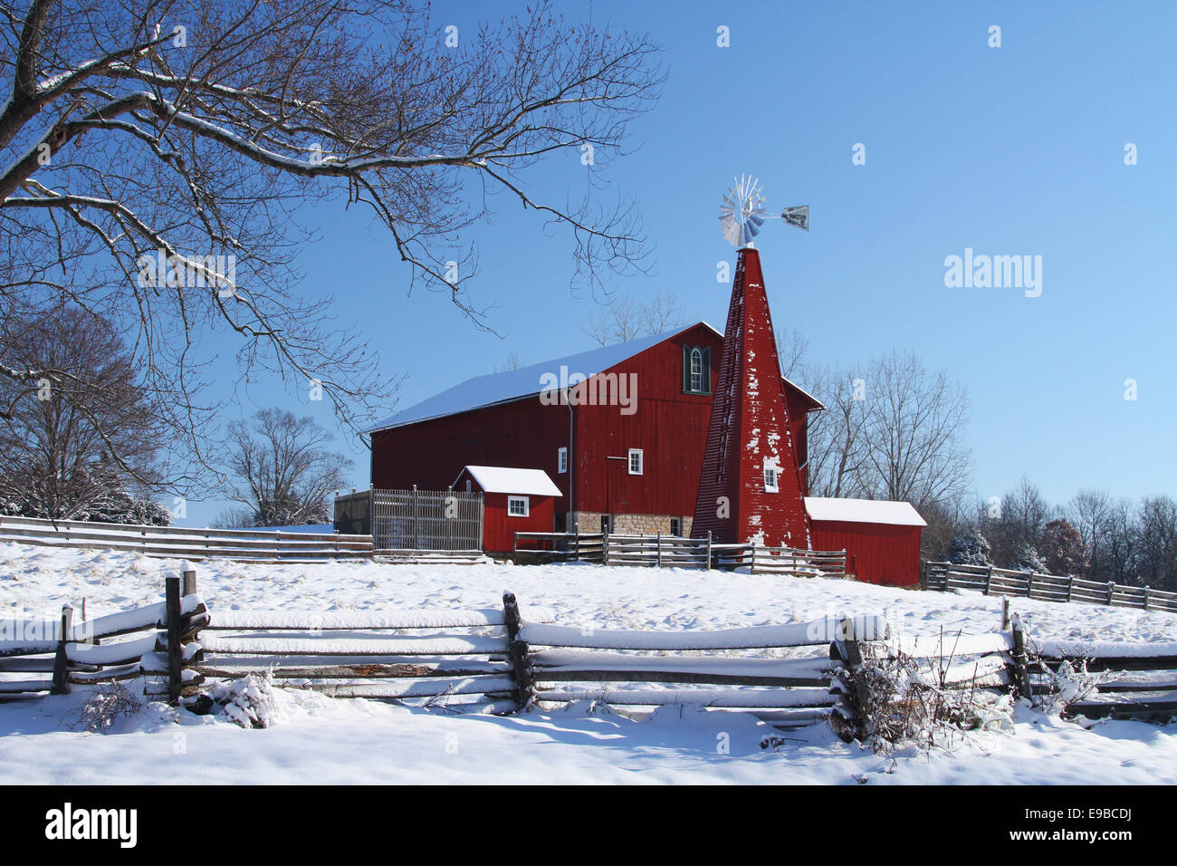 Red Barn In Winter Snow. Historic Barn. Old red barn at Carriage Hill ...