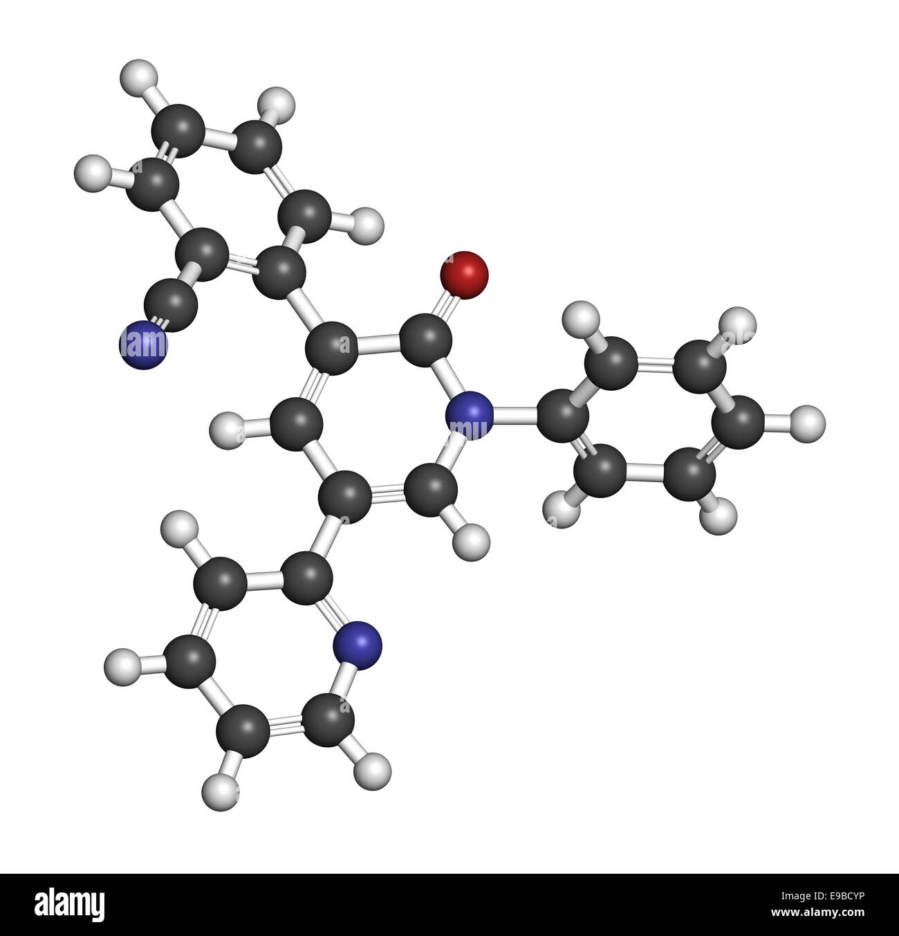 Perampanel epilepsy drug molecule. Used in treatment of seizures. Atoms ...