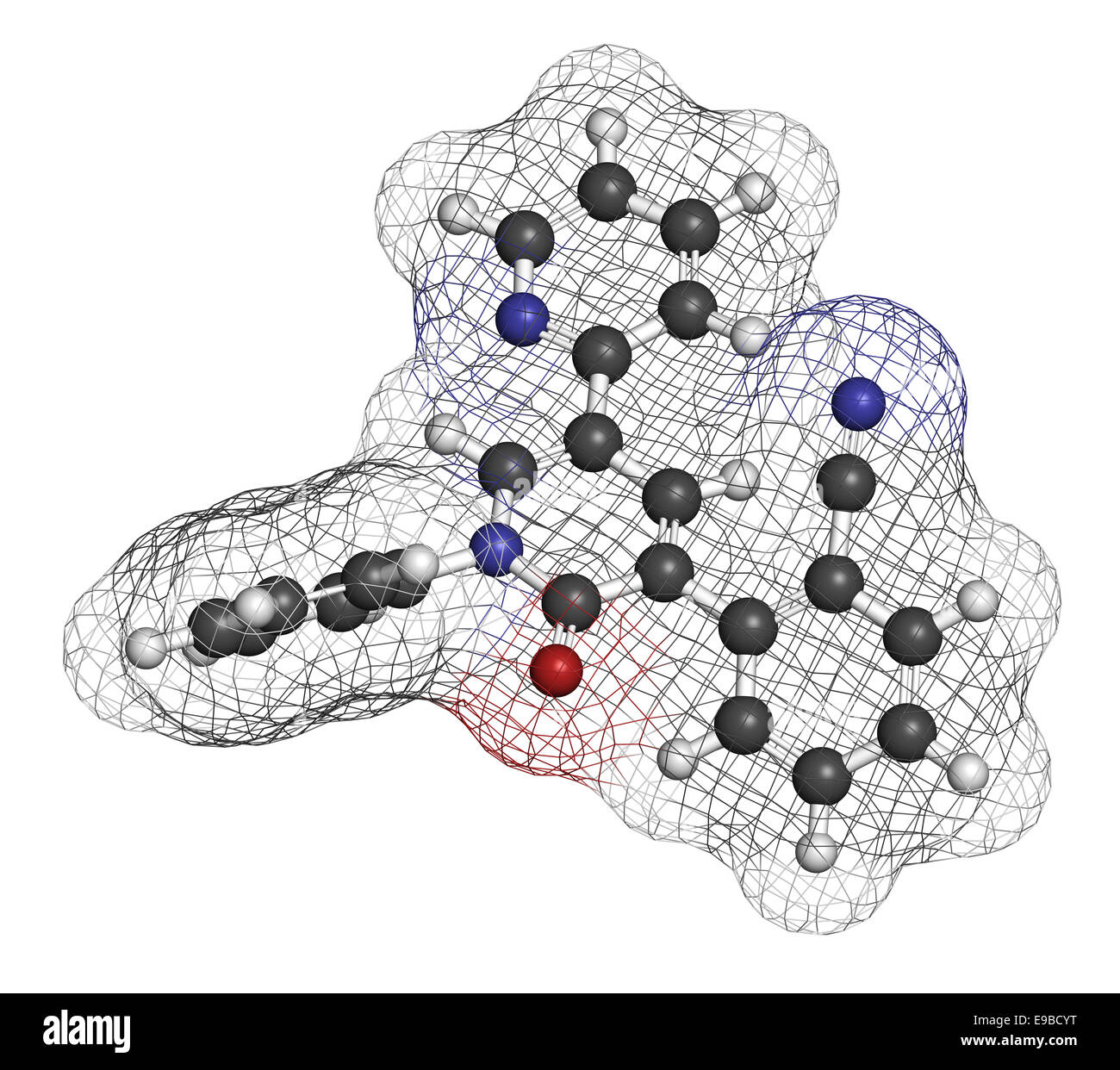 Perampanel epilepsy drug molecule. Used in treatment of seizures. Atoms ...