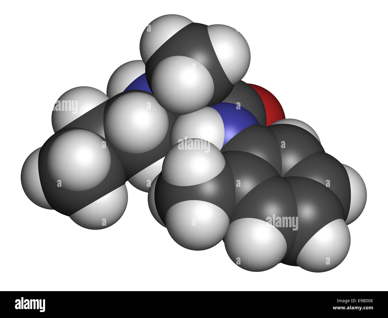 Prilocaine local anesthetic drug molecule. Atoms are represented as ...