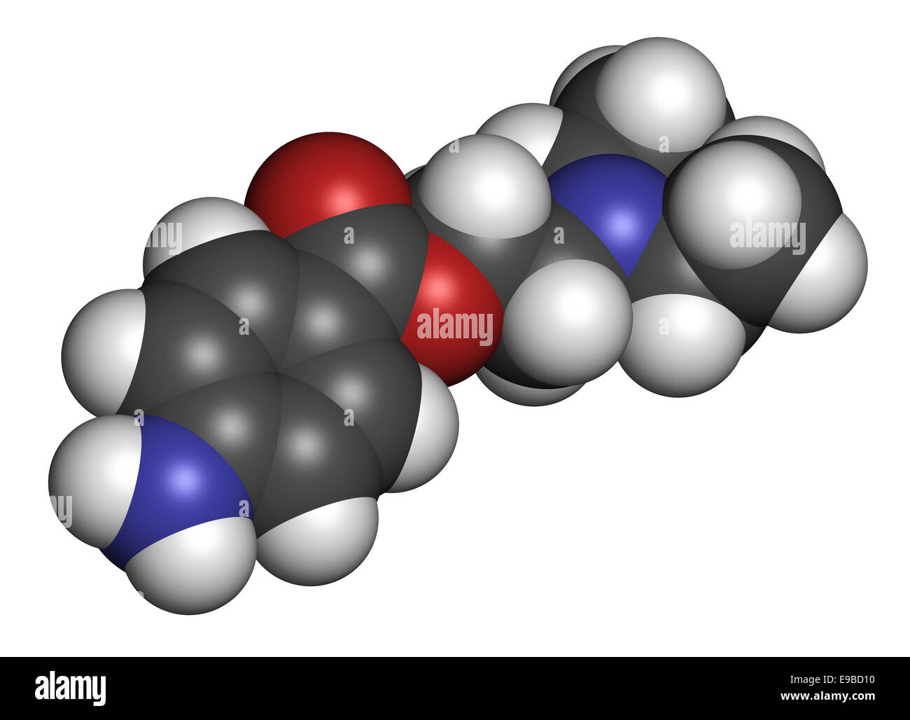 Procaine topical anesthetic drug molecule. Atoms are represented as ...