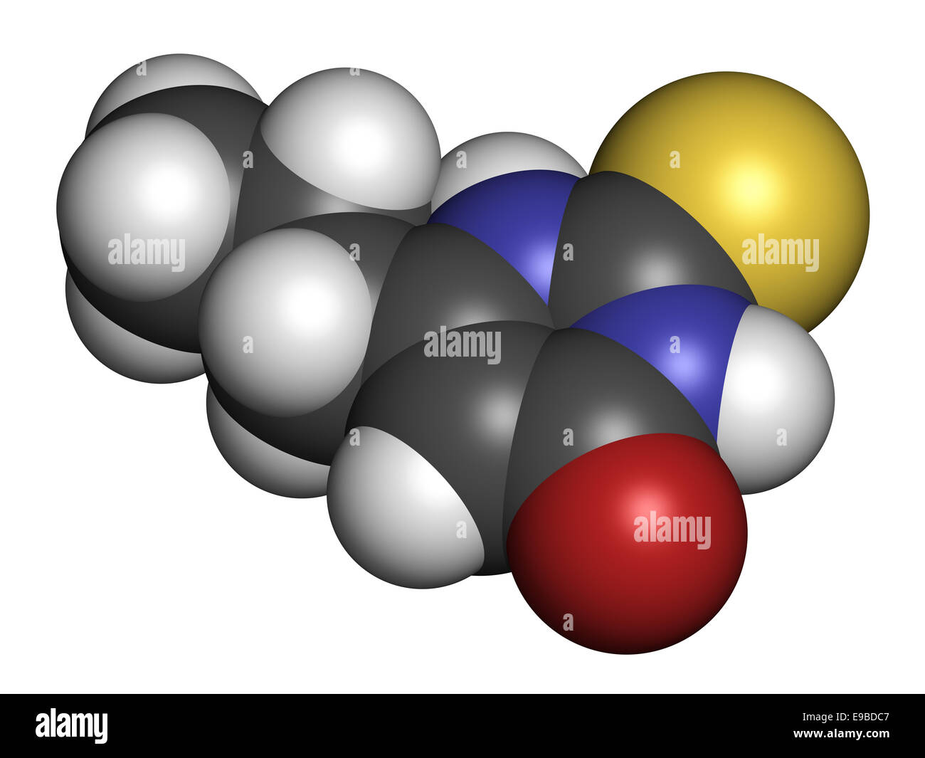 Propylthiouracil (PTU) hyperthyroidism drug molecule. Atoms are ...