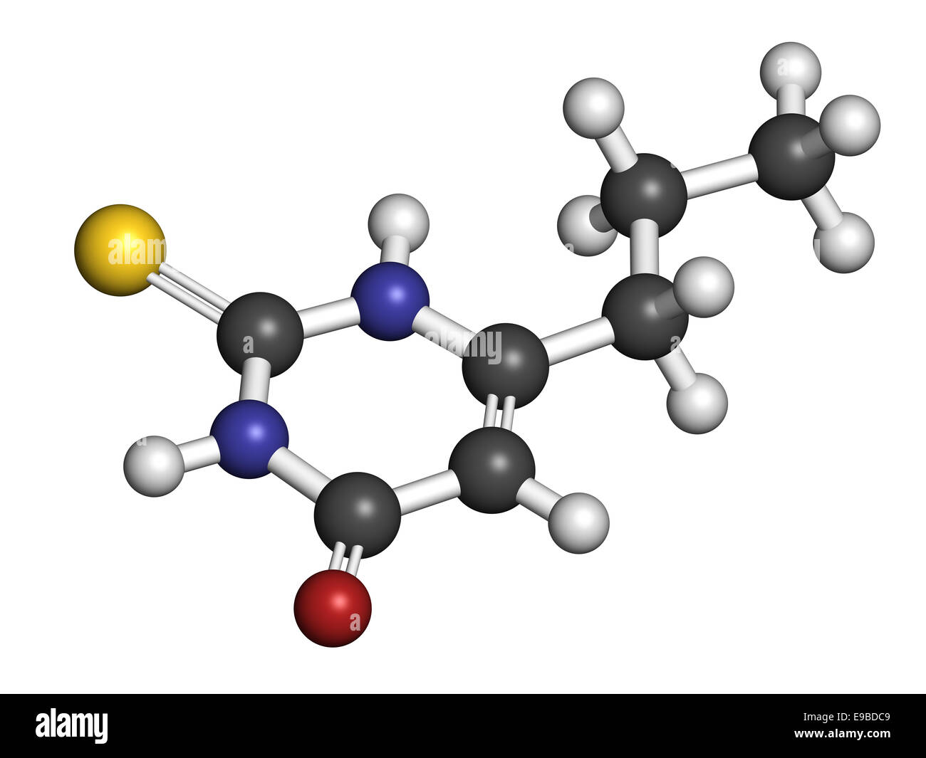 Propylthiouracil (PTU) hyperthyroidism drug molecule. Atoms are ...