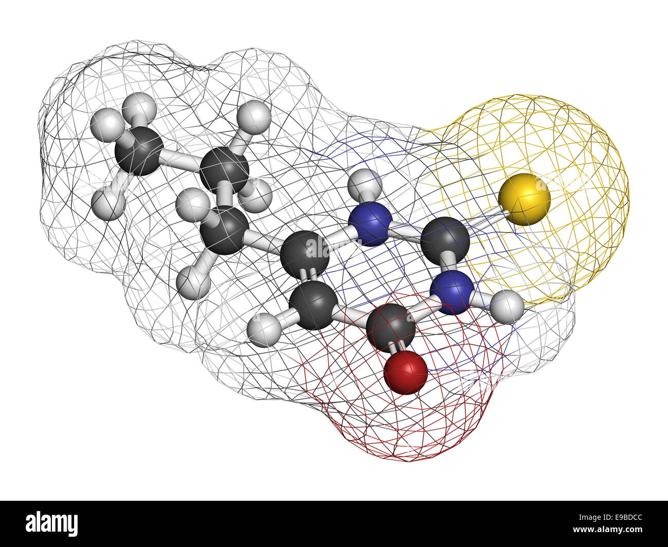 Propylthiouracil (PTU) hyperthyroidism drug molecule. Atoms are ...