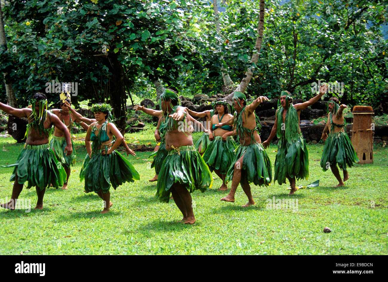 Traditional Marquesan dancers at a reconstructed Tahua, or assembly ...