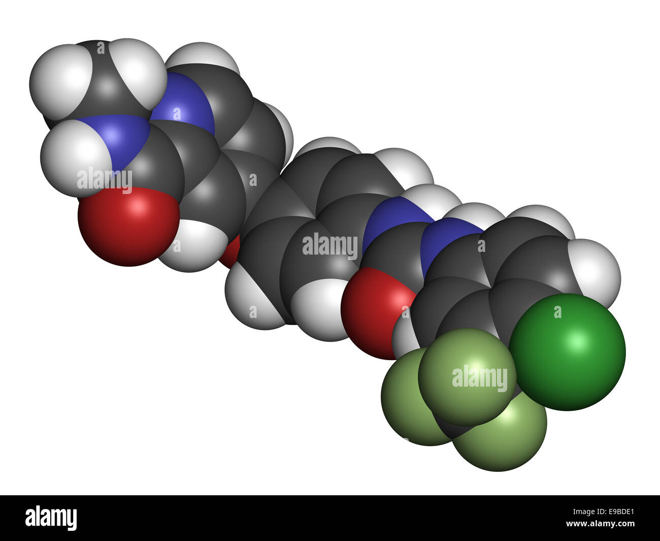 Sorafenib cancer drug molecule. Tyrosine kinase inhibitor (TKI). Atoms ...