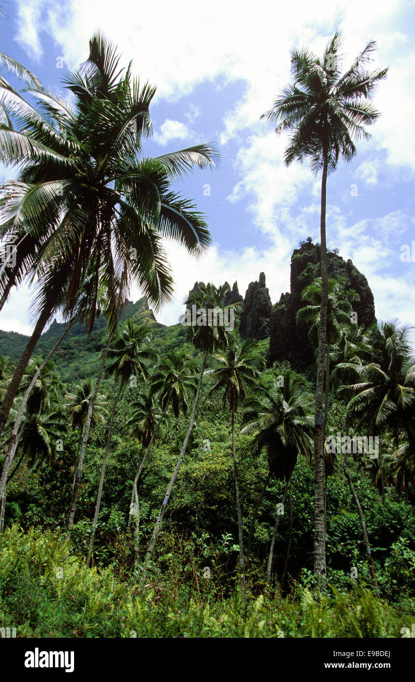 Peaks above village of Hatiheu on the north coast of Nuku Hiva ...