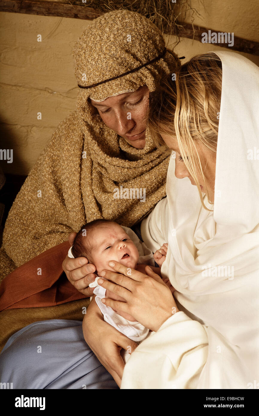 Reenactment of the christmas nativity scene with real people Stock ...