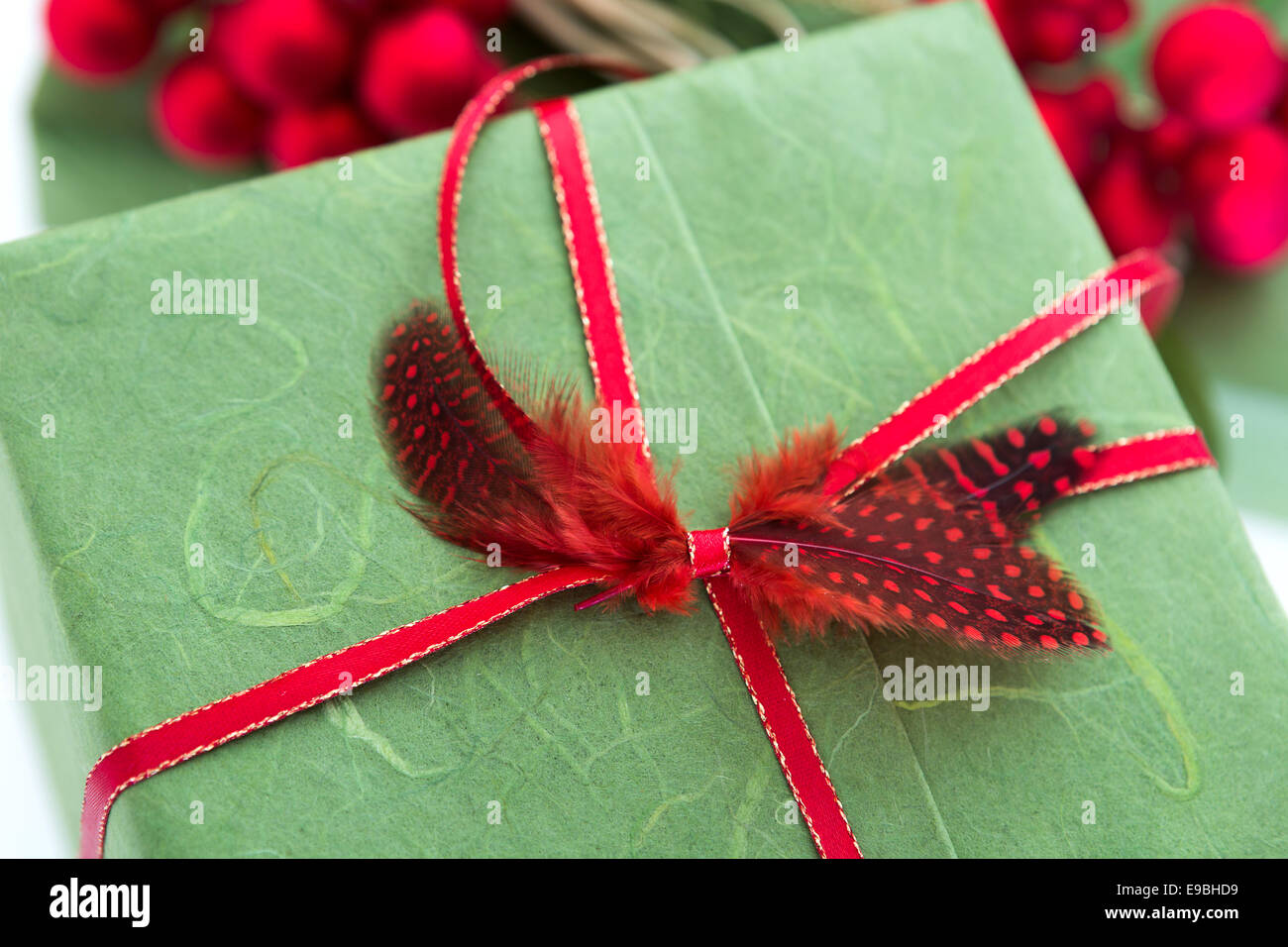 Beautiful christmas presents decorated with red feathers Stock Photo ...