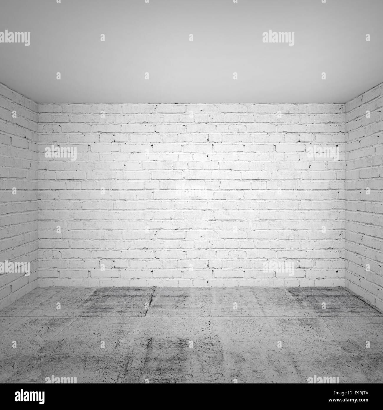 Empty white room interior with brick walls and concrete floor. Square ...