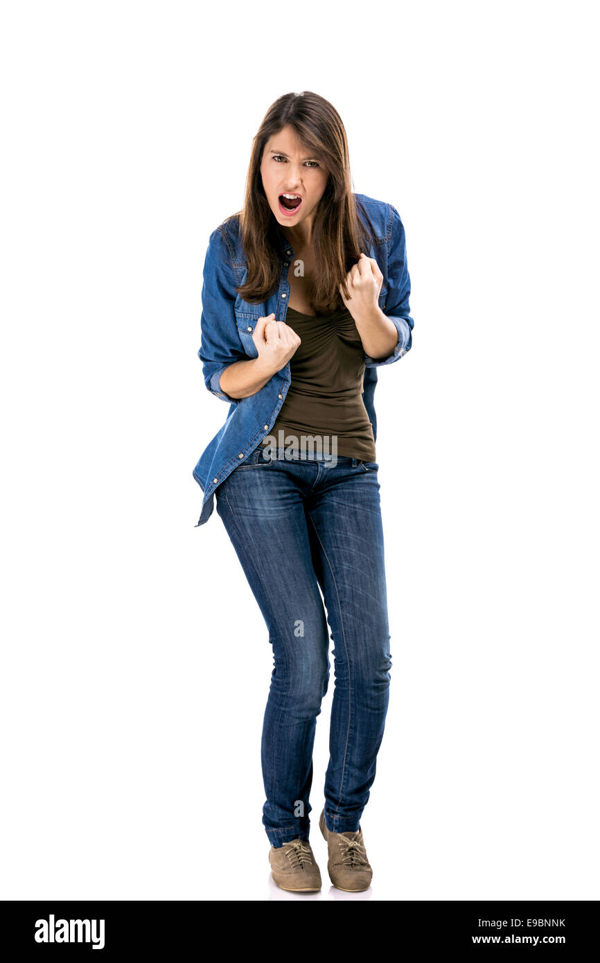 Happy woman with the achieved success, isolated over white background ...